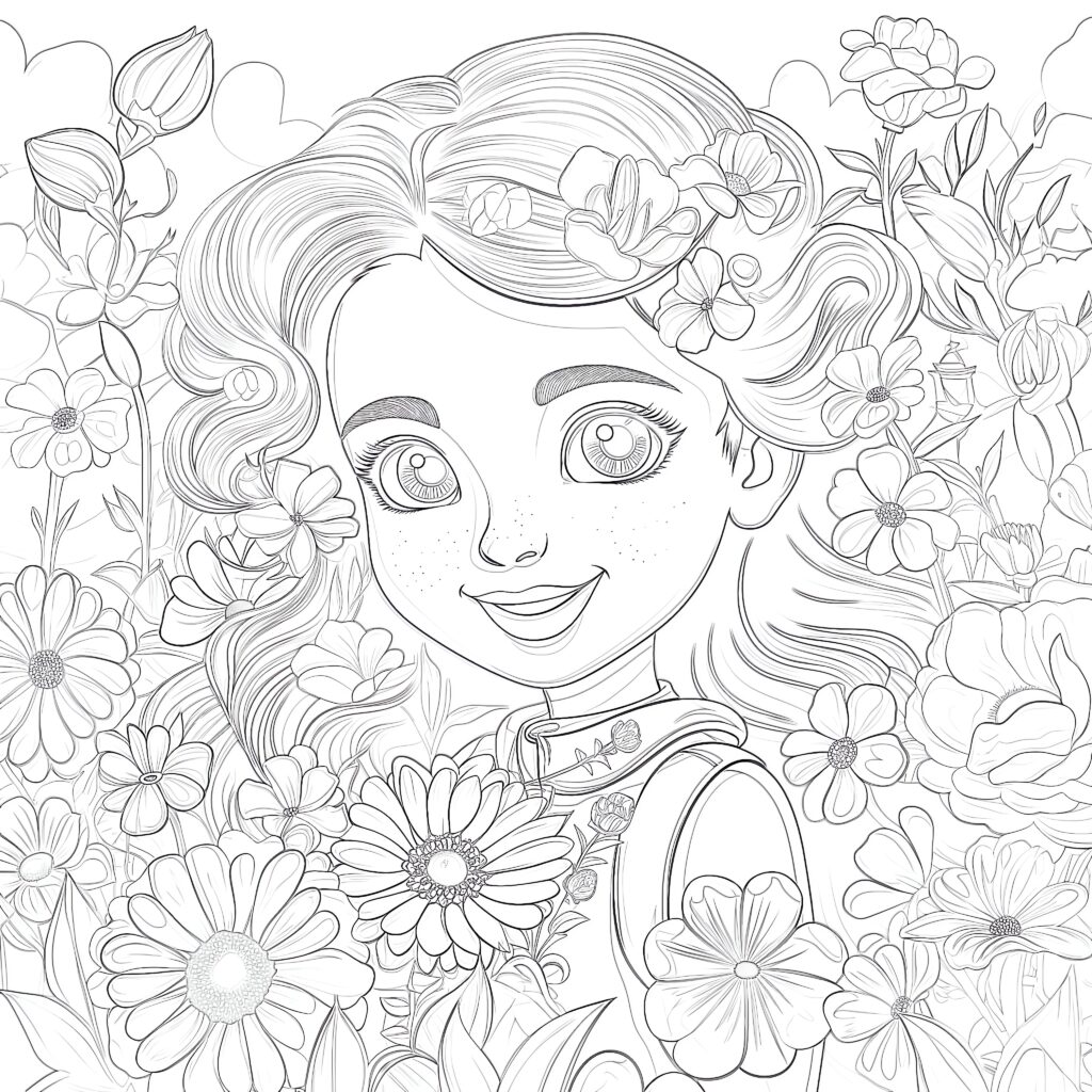 Girl Colored Flowers Coloring Page | Coloring Pages Mimi Panda