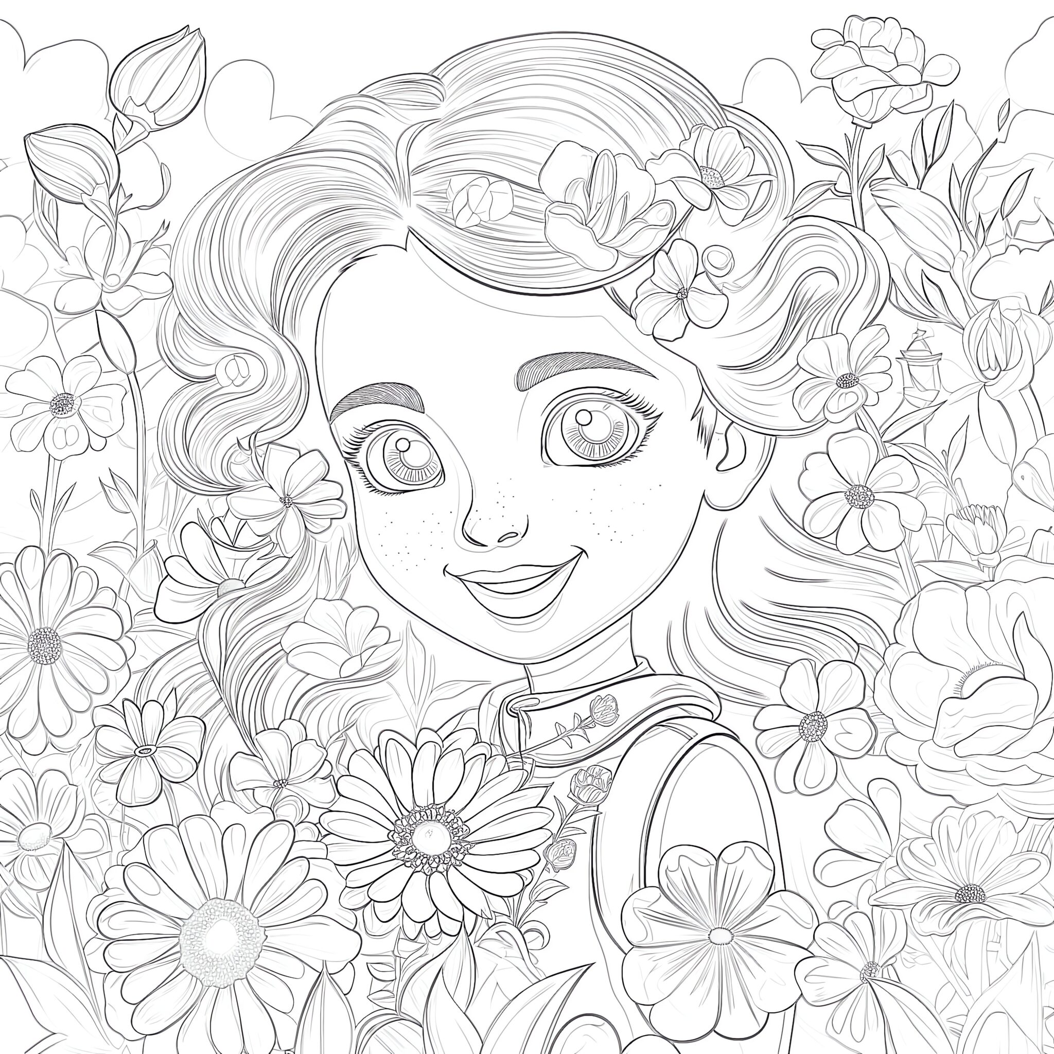 Girl Colored Flowers Coloring Page | Coloring Pages Mimi Panda