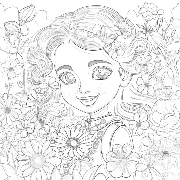 Girl Colored Flowers Coloring Page | Coloring Pages Mimi Panda