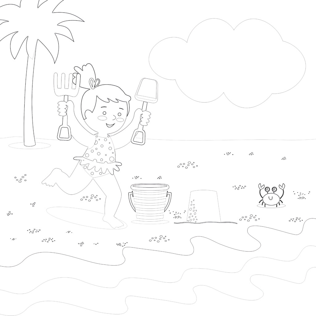 Printable Girl Playing Beach Coloring Page - Mimi Panda