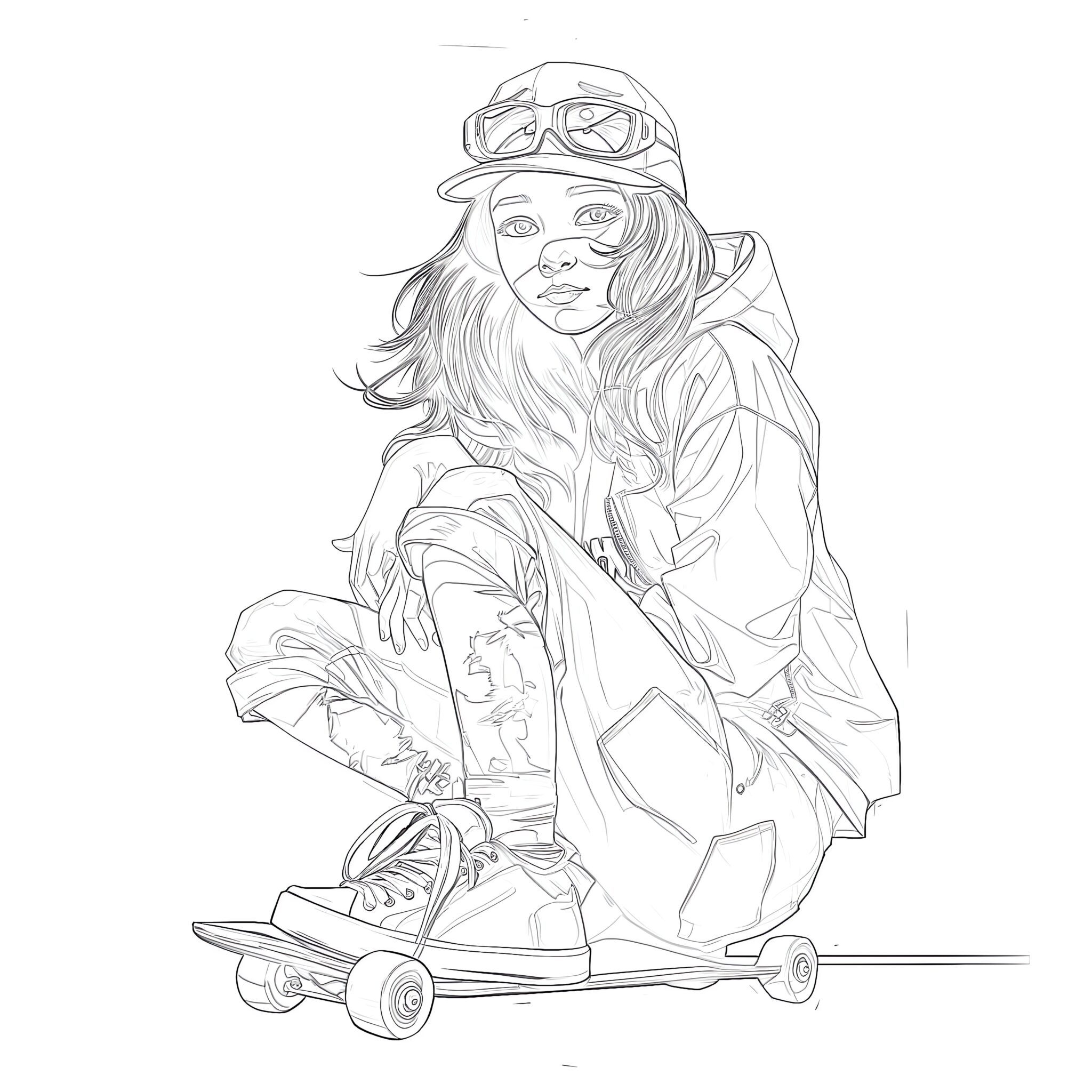 Girl With Skateboard Coloring Page | Coloring Pages Mimi Panda