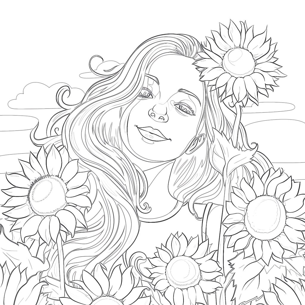 Girl With Sunflowers | Coloring Pages Mimi Panda