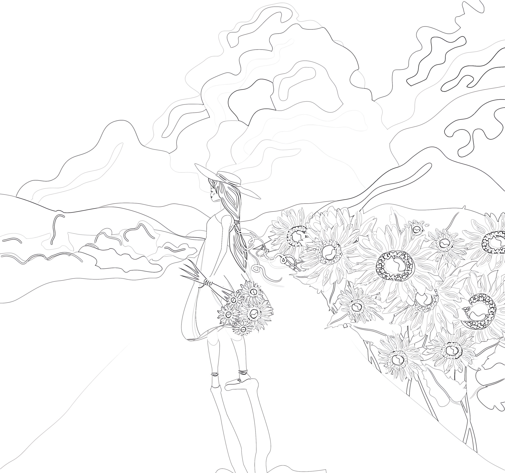 Printable Girl With Sunflowers Coloring Page - Mimi Panda