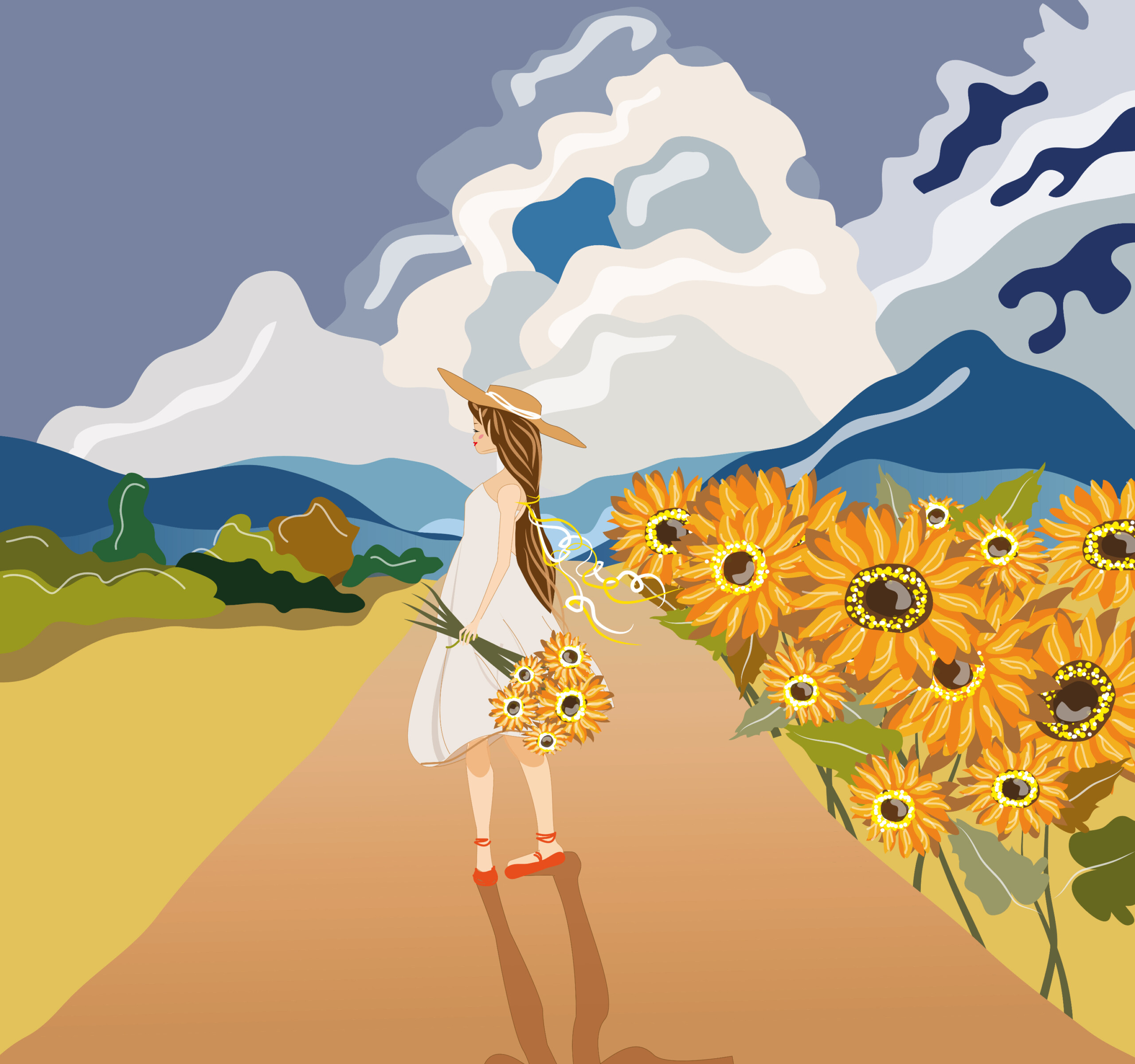 Girl With Sunflowers coloring page - Mimi Panda