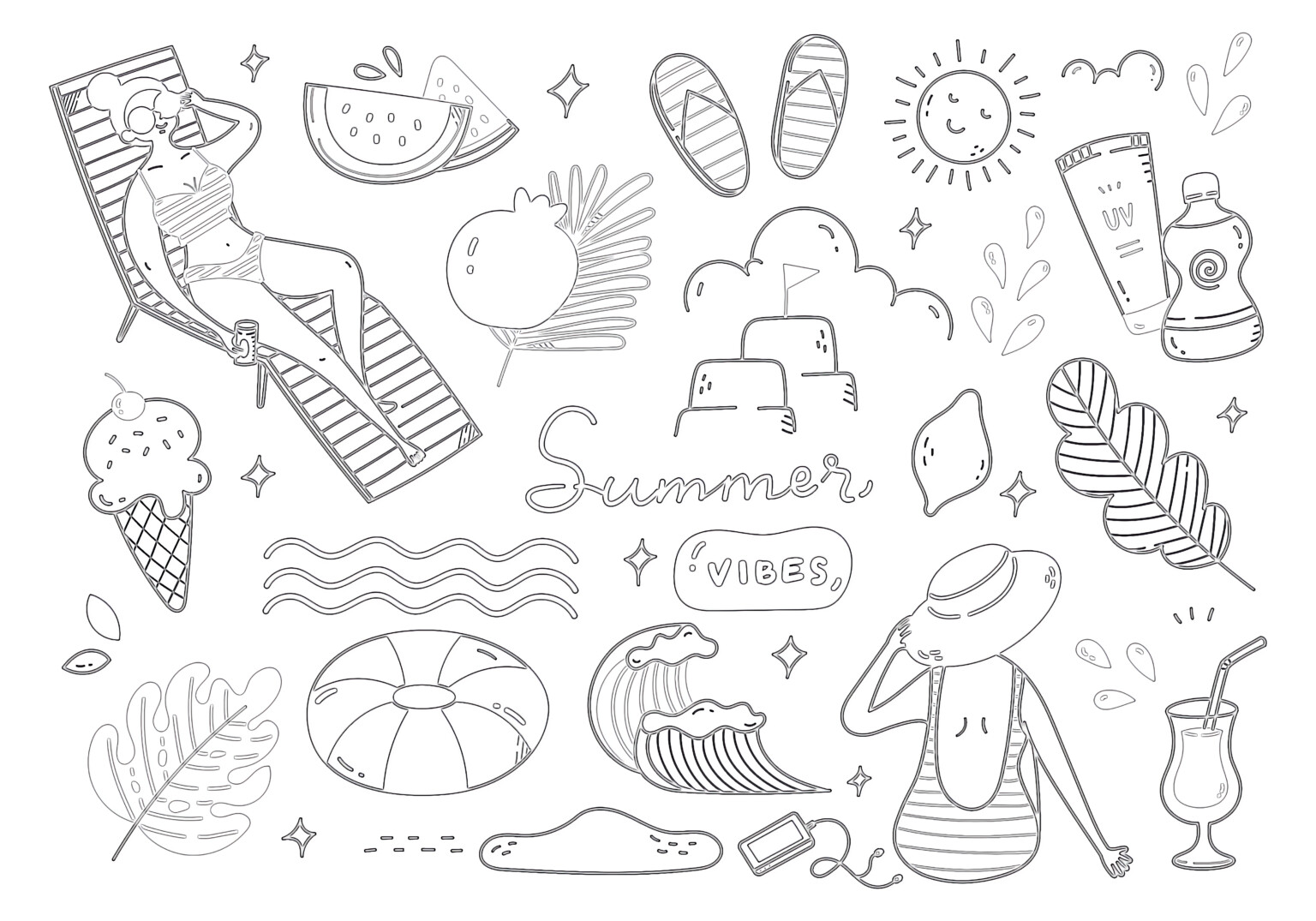 Printable Hand Drawn Summer Set Coloring Page - Mimi Panda