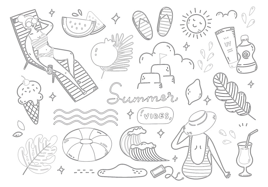Printable Hand Drawn Summer Set Coloring Page - Mimi Panda