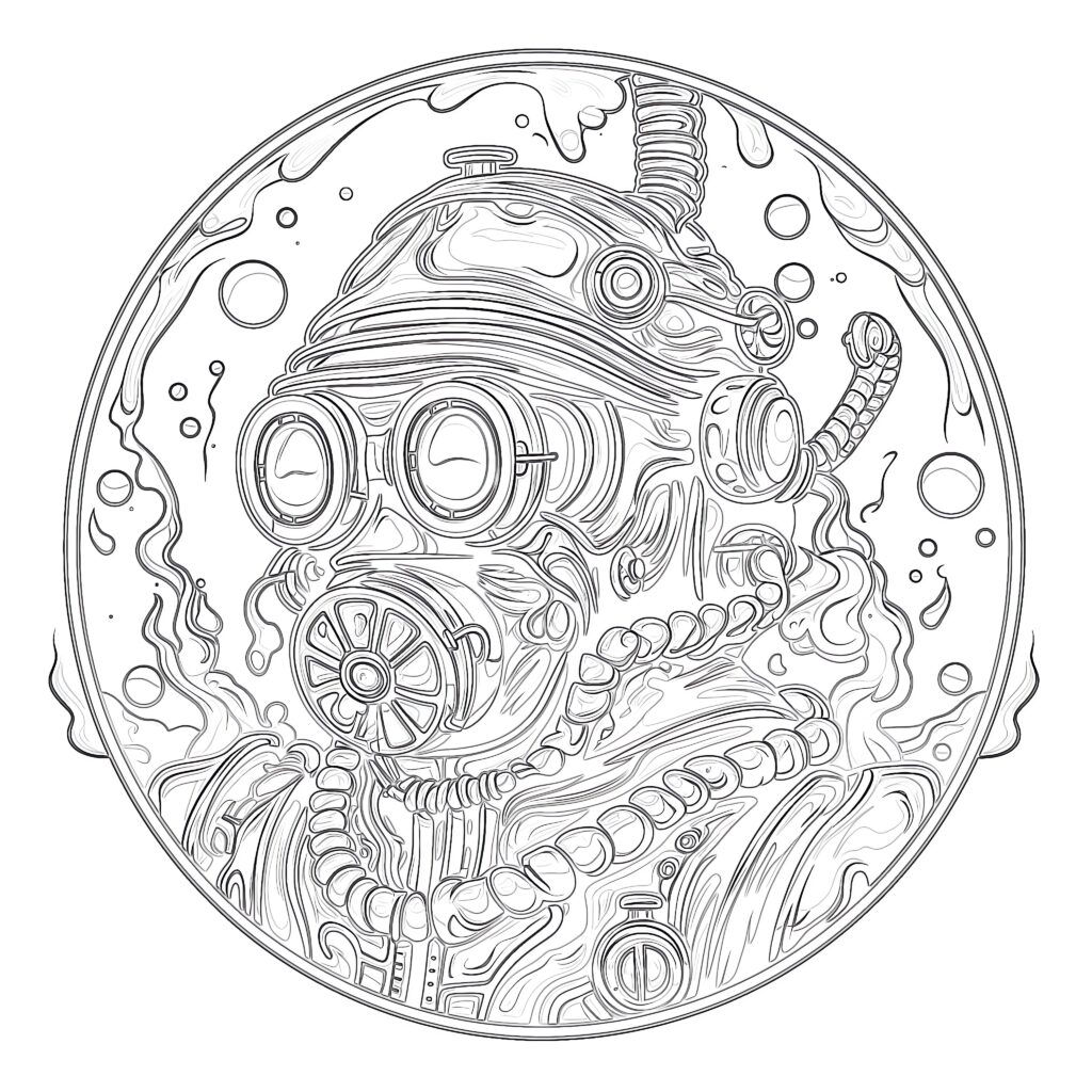 Printable Scuba Diver Steampunk Coloring Page | Coloring Pages Mimi Panda