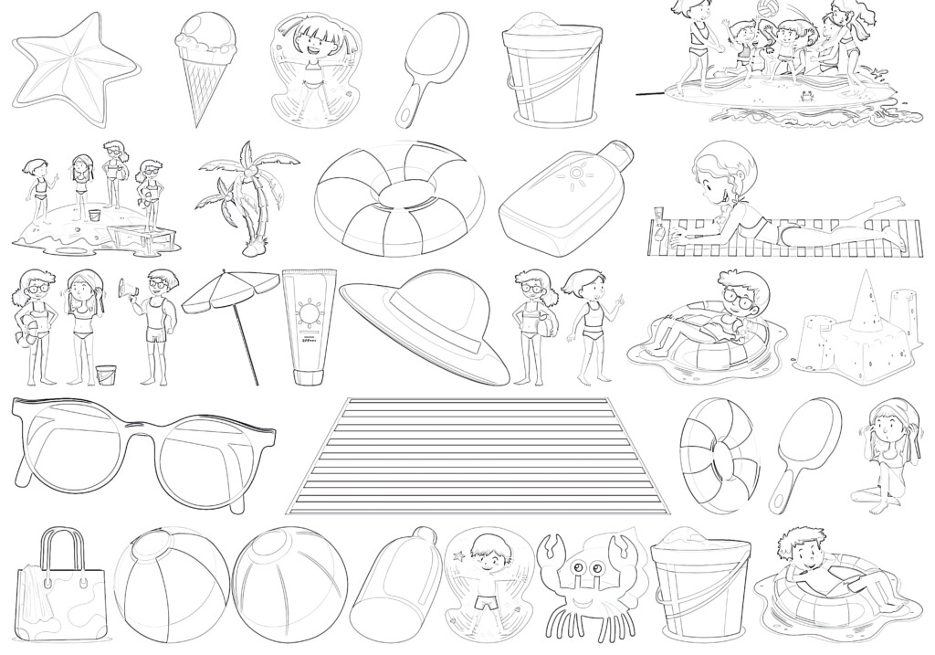 Printable Set Of Beach Element Coloring Page - Mimi Panda