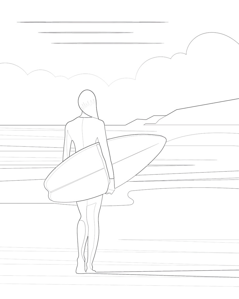 Printable Surfer Girl With Surfboard Coloring Page - Mimi Panda