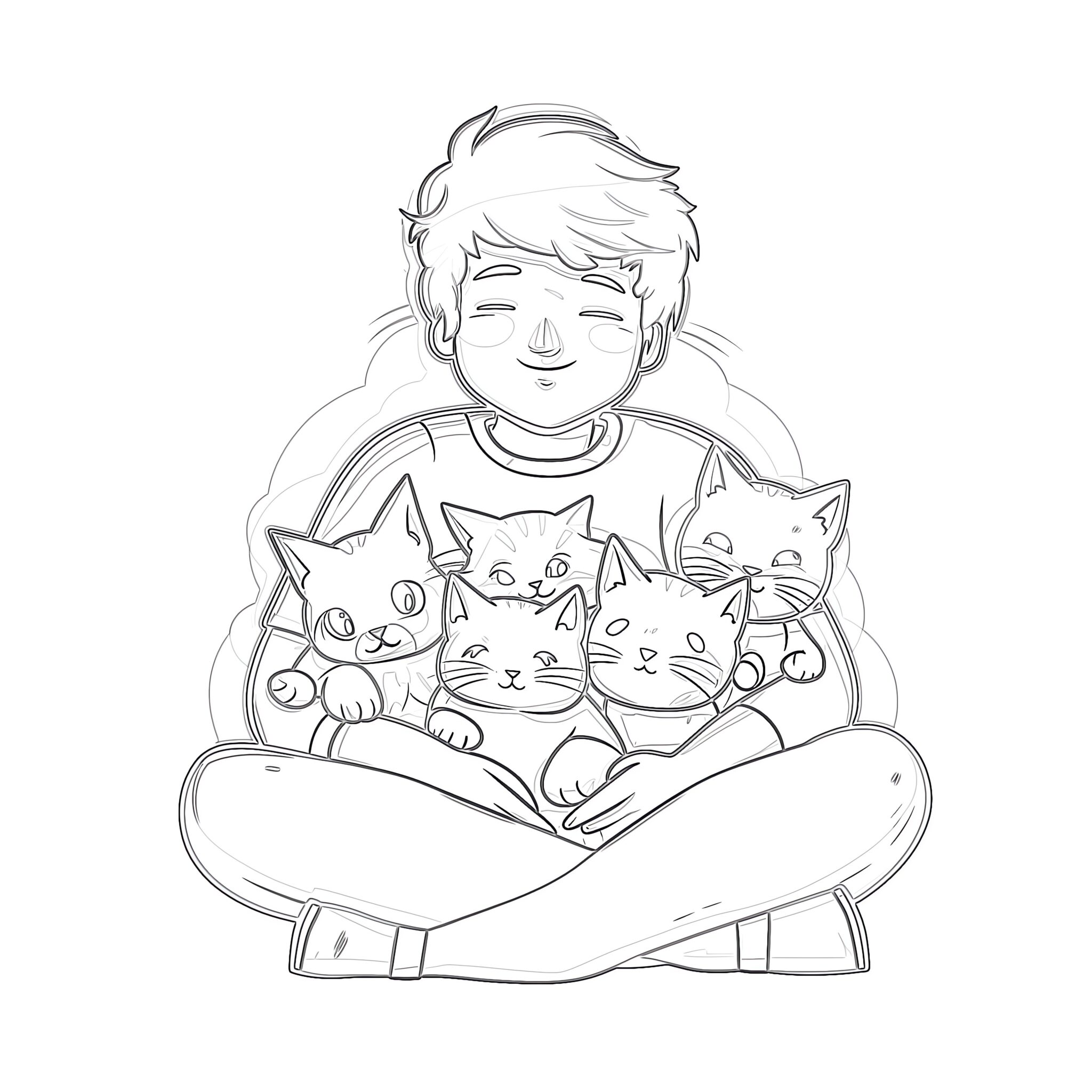 Person with Cats Coloring Page | Coloring Pages Mimi Panda