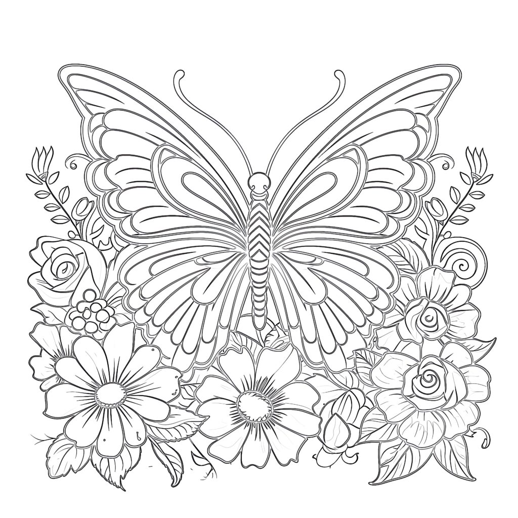 Butterfly On Flower Coloring Page | Coloring Pages Mimi Panda