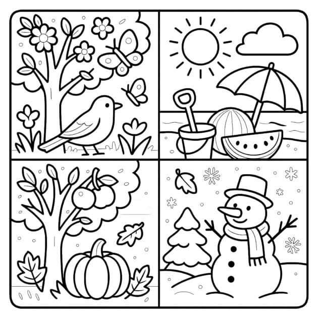 Four Seasons Colouring Page | Coloring Pages Mimi Panda