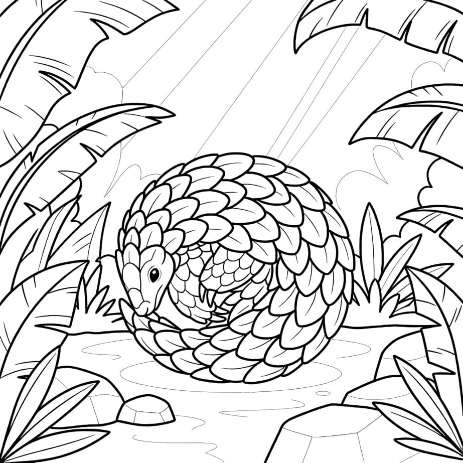 Pangolin Curled In Leaves Coloring Page | Coloring Pages Mimi Panda