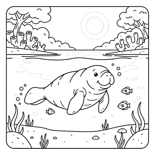 Manatee In Calm Lagoon Coloring Page | Coloring Pages Mimi Panda