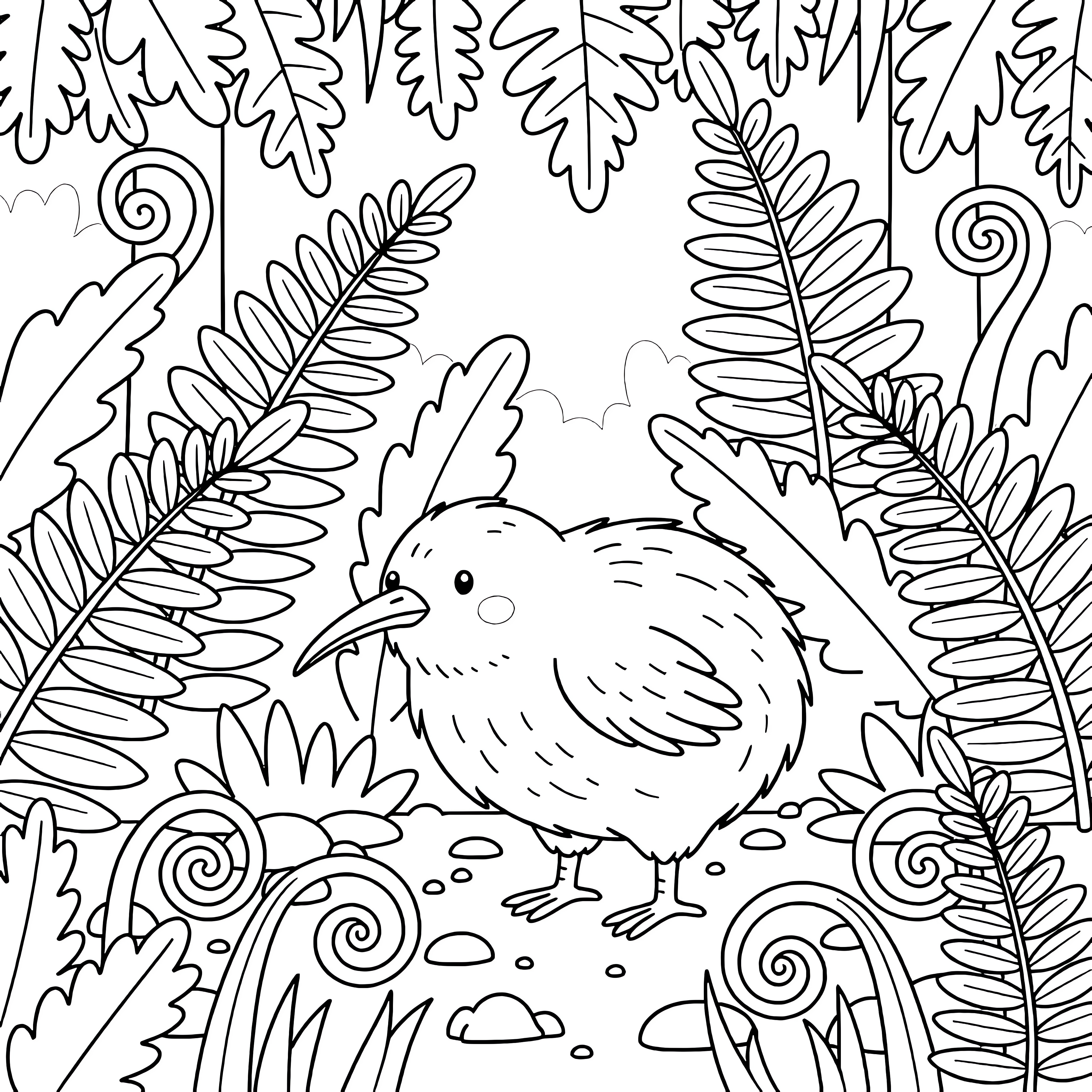 Kiwi Bird In Fern Forest Coloring Page | Coloring Pages Mimi Panda