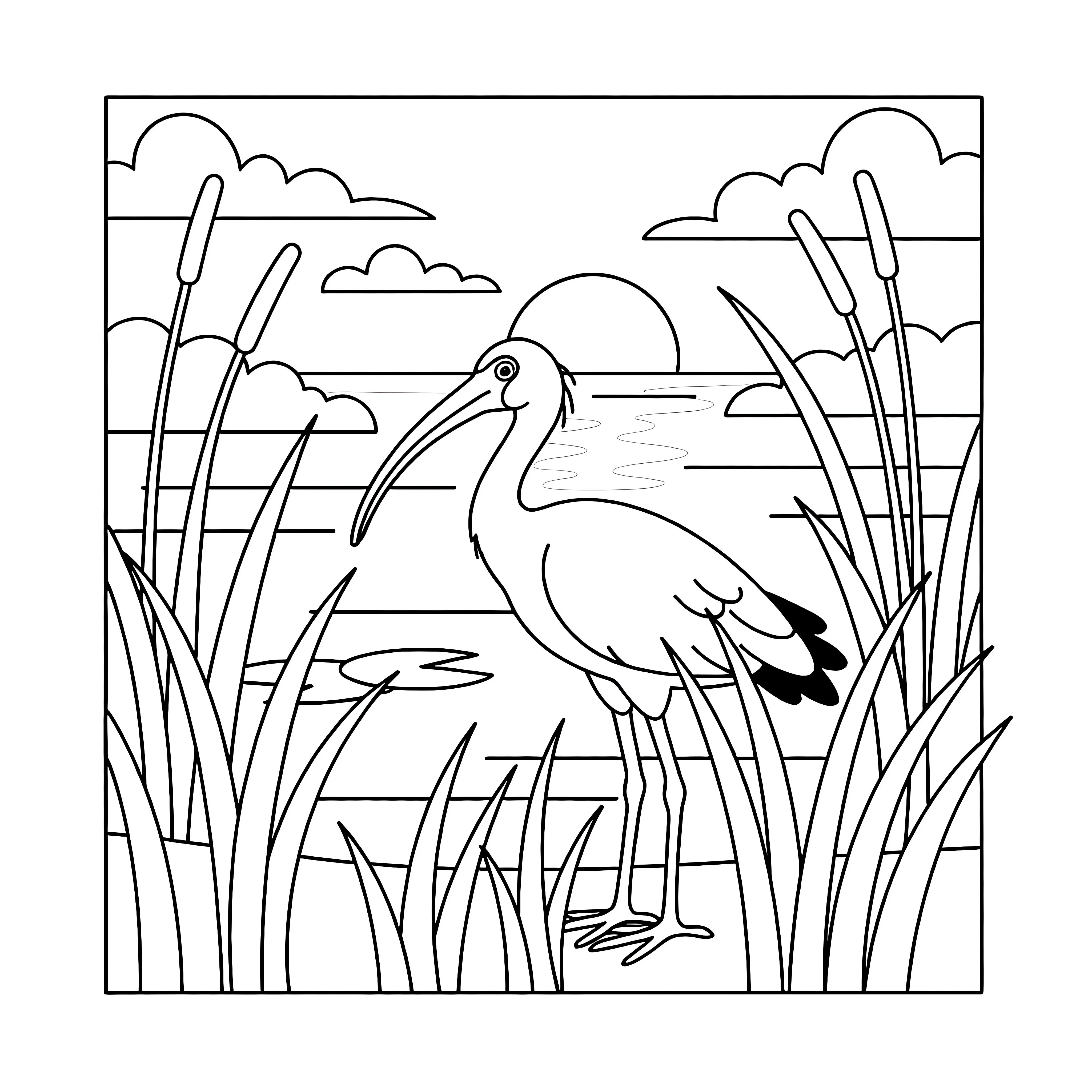 Ibis In Wetland Reeds Coloring Page | Coloring Pages Mimi Panda