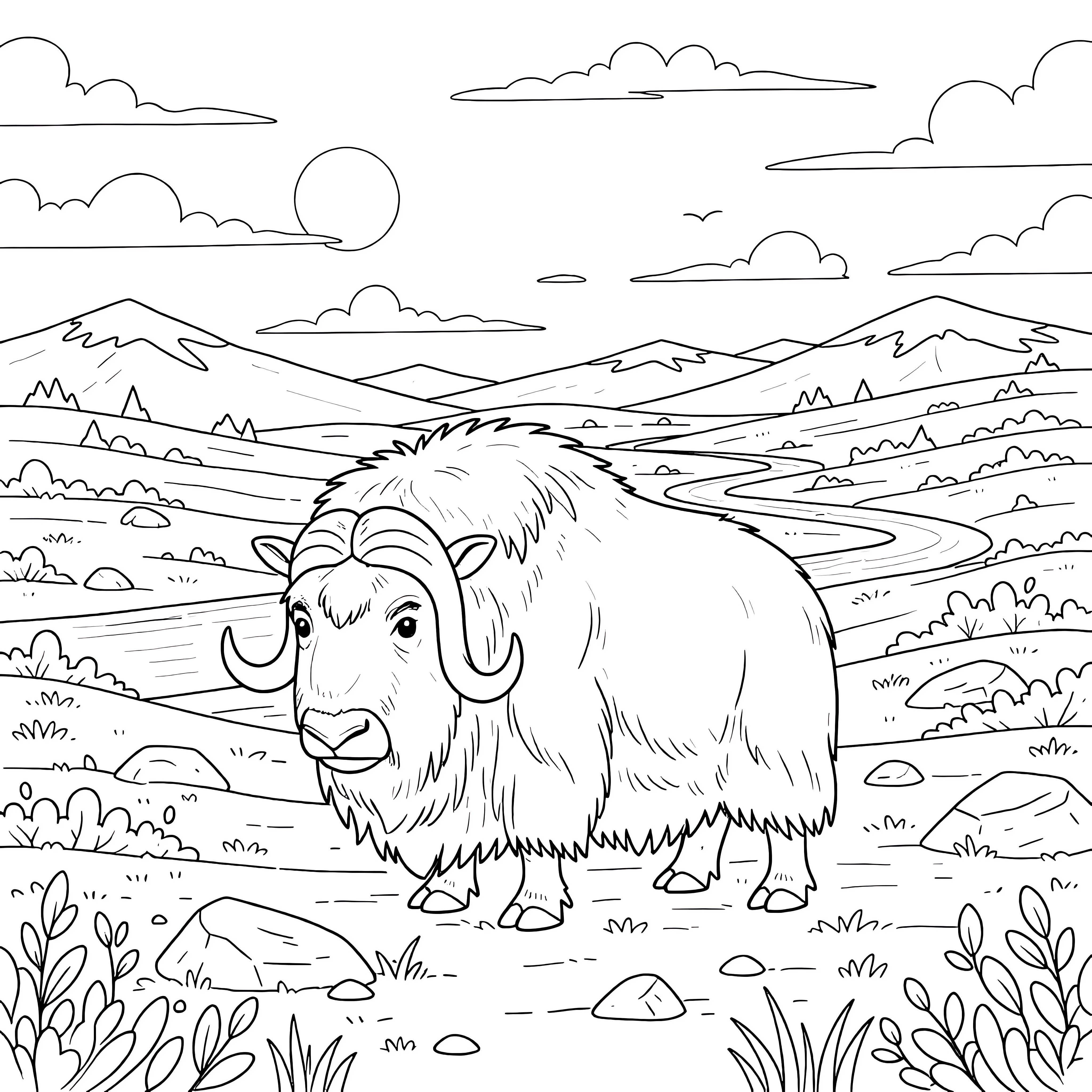 Musk Ox In Tundra Coloring Page | Coloring Pages Mimi Panda
