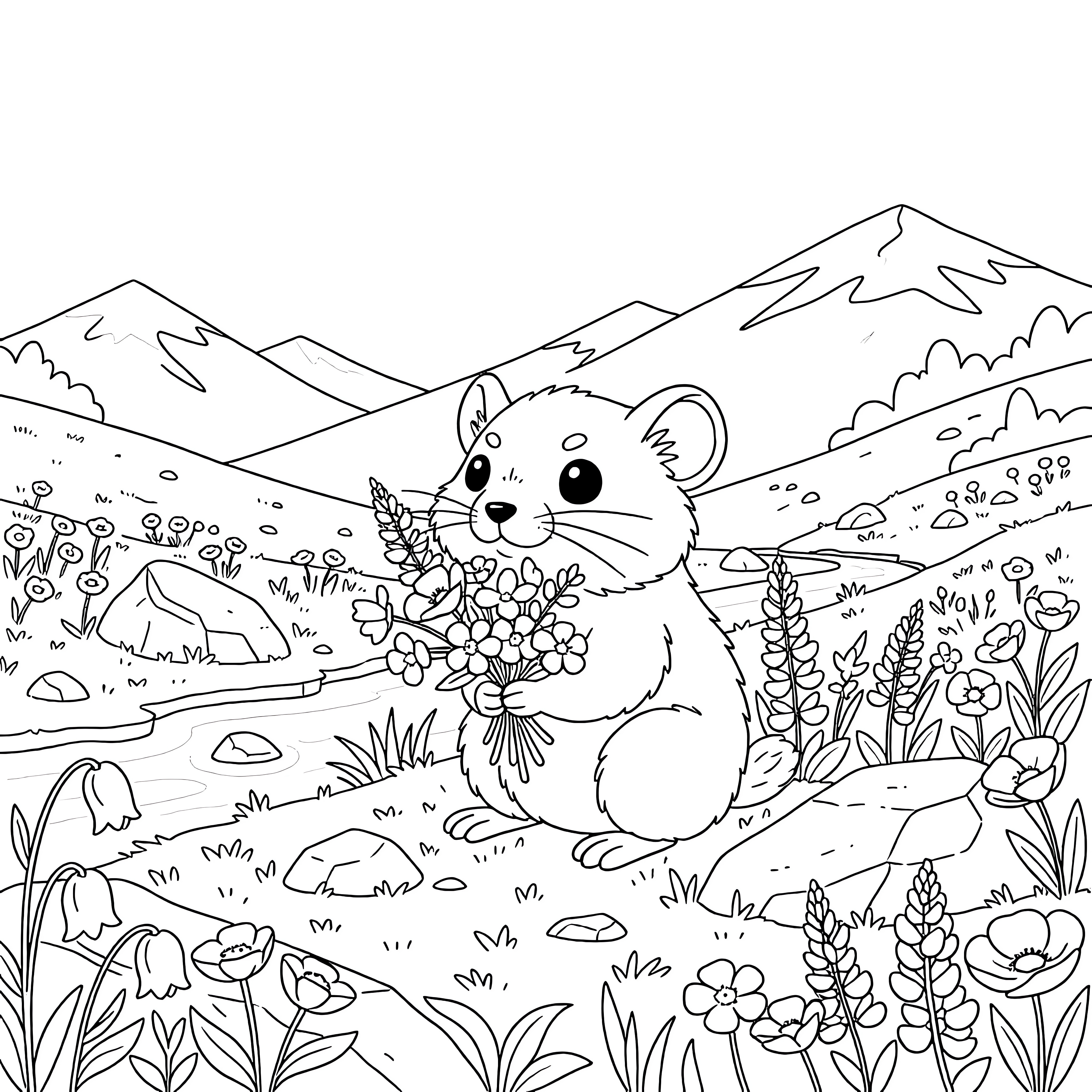 Pika With Wildflowers Coloring Page | Coloring Pages Mimi Panda