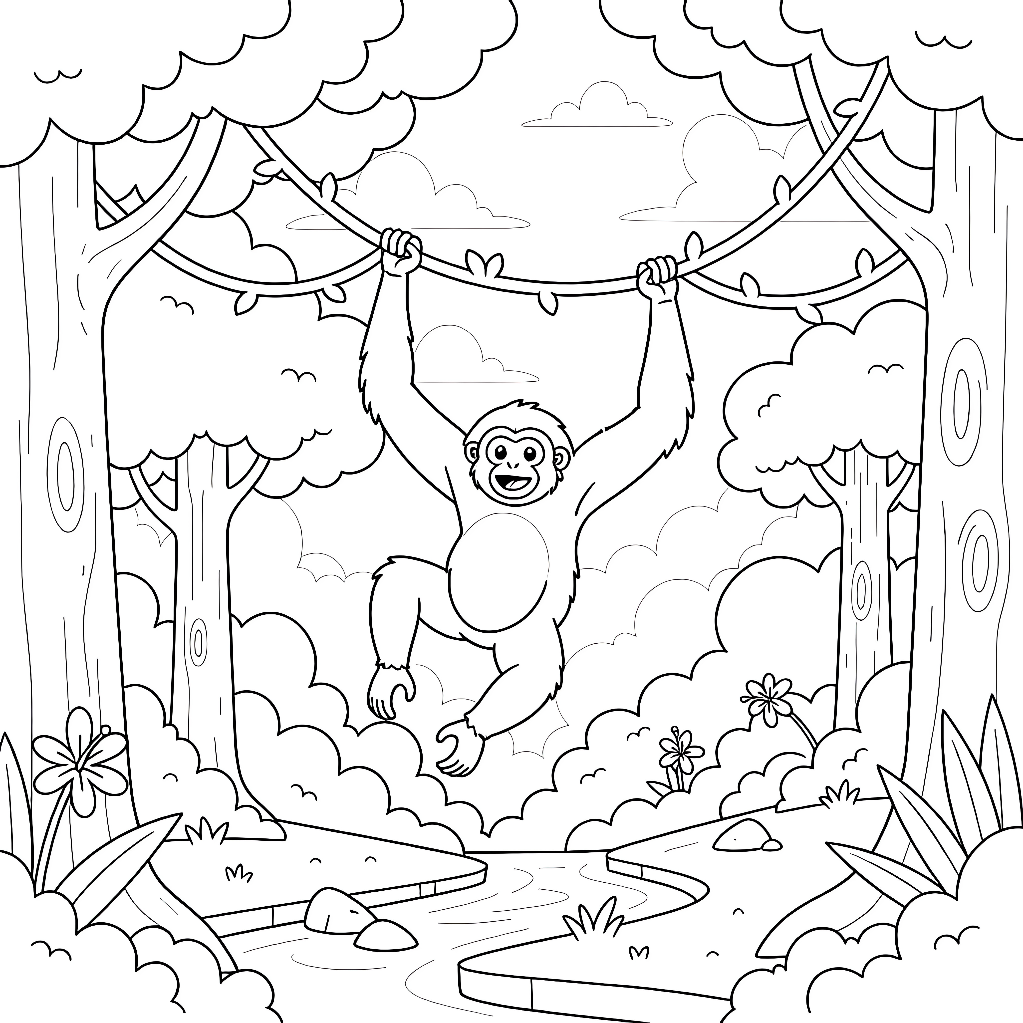 Gibbon Swinging Vines Coloring Page | Coloring Pages Mimi Panda