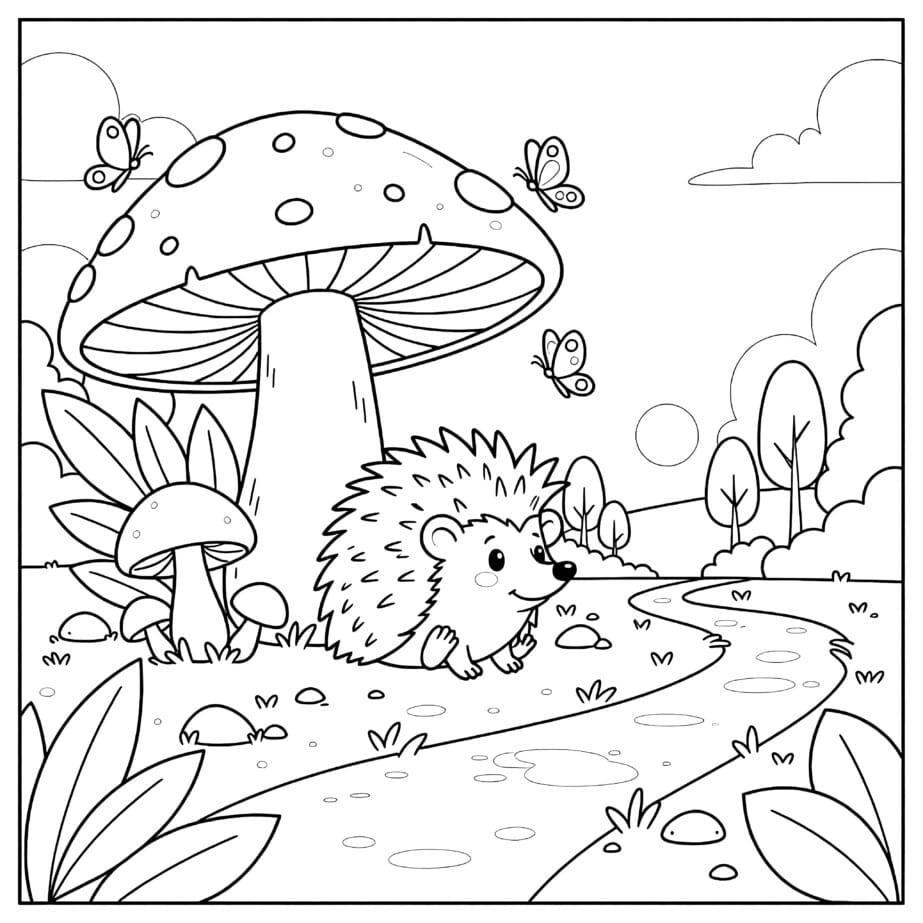 Hedgehog With Mushroom Coloring Page | Coloring Pages Mimi Panda