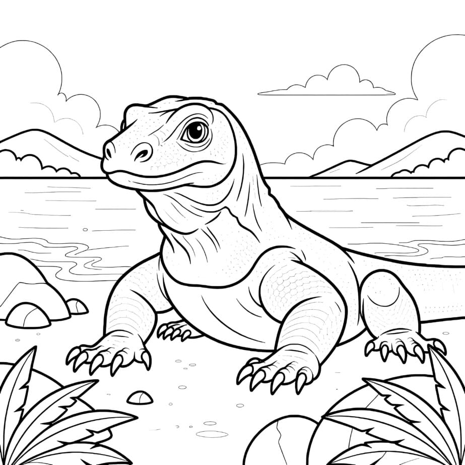 Komodo Dragon On Shore Coloring Page | Coloring Pages Mimi Panda