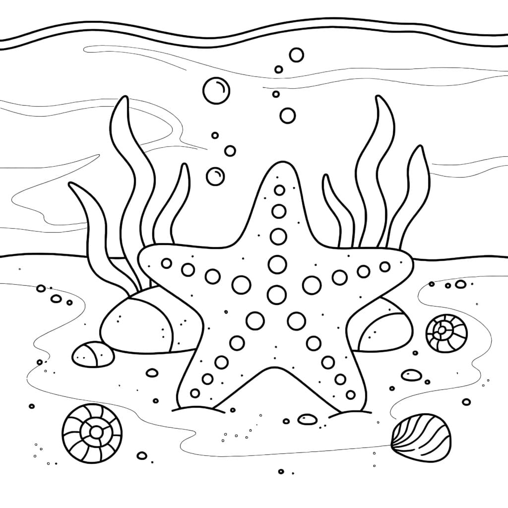 Starfish On Sand Coloring Page | Coloring Pages Mimi Panda