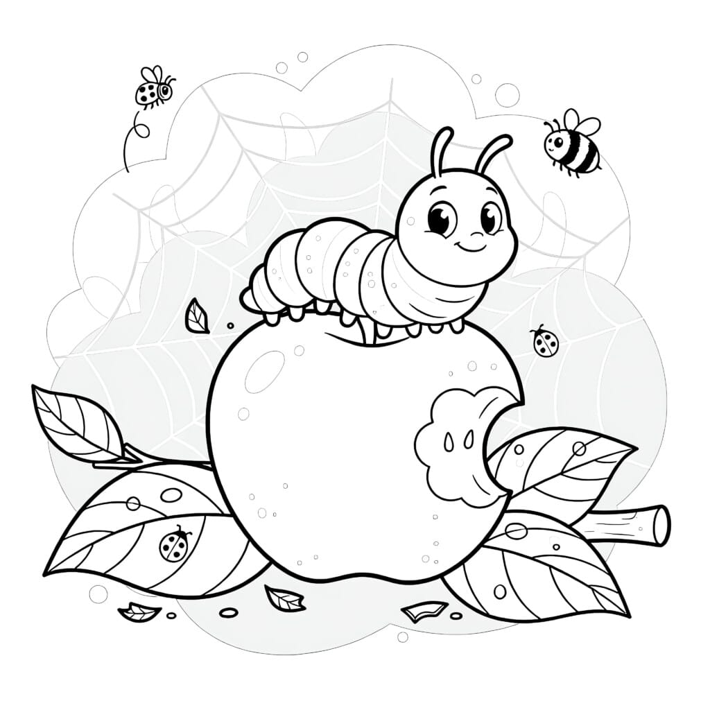 Caterpillar On Apple Coloring Page | Coloring Pages Mimi Panda