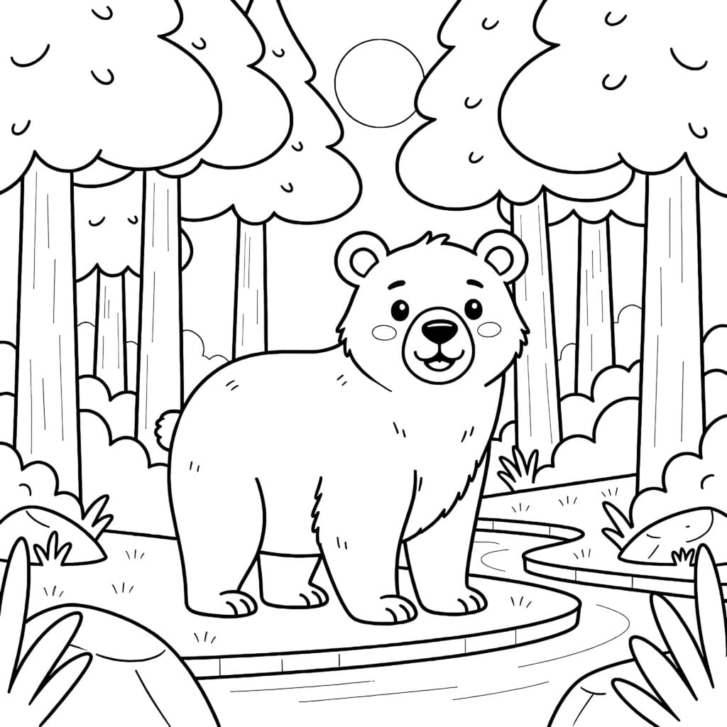 Bear In Pine Forest Coloring Page | Coloring Pages Mimi Panda