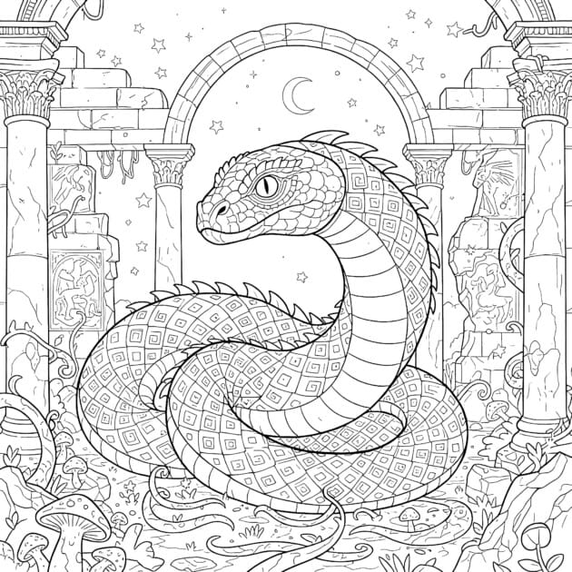 Basilisk In Ruins Coloring Page | Coloring Pages Mimi Panda